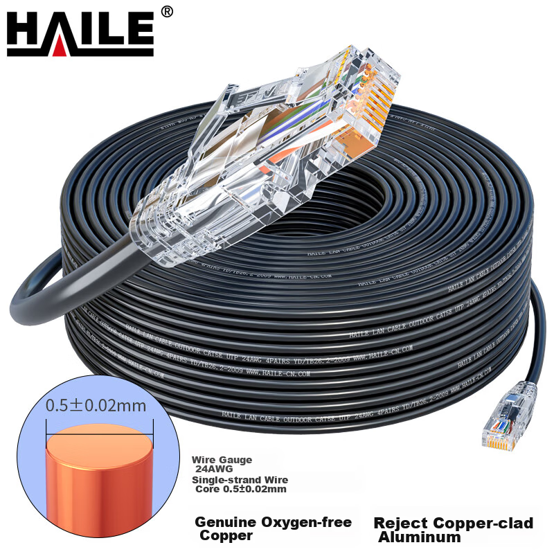 HAILE Cat5e Pure Copper Outdoor Special Network Cable for Engineering And Home Use, Waterproof And Sun-Resistant with RJ45 Connectors, 20 Meters, Finished Broadband Monitoring Outdoor Network Patch Cable HT-6508
