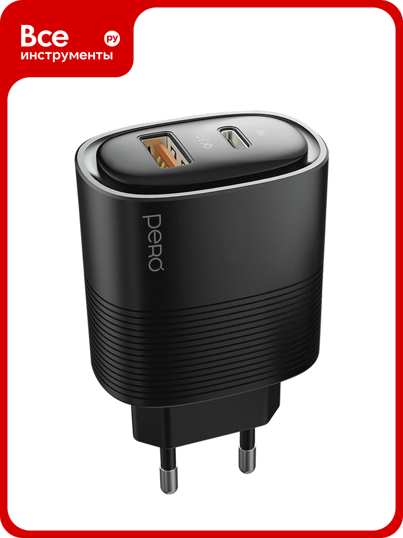 Сетевое зарядное устройство PERO TC11 USB-A QC3.0 + USB-C PD, 45W черный ТС11BL, 3 А