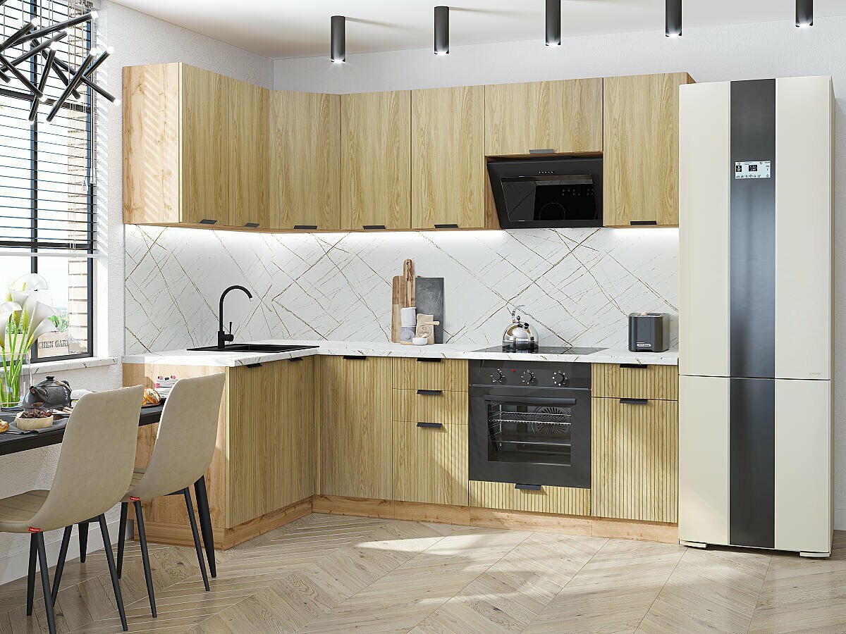 Готовый кухонный гарнитур без столешницы кухня угловая Евро Лайн-05 2140*1400,2400*600 Дуб песочный