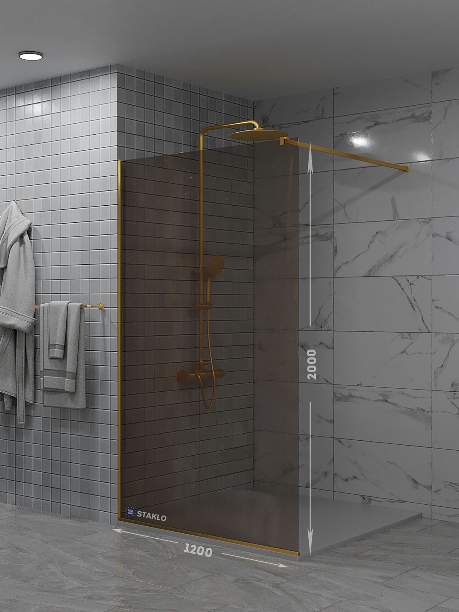 Душевая одиночная перегородка staklo 120x200 из бронзового стекла золото фурнитура