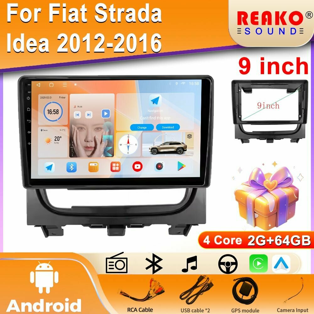 Магнитола для Fiat Strada Idea 2012-2016 , с камерой заднего вида. IPS экран 9 дюймов, Wifi 2din с сенсорным экраном, usb и блютузом.