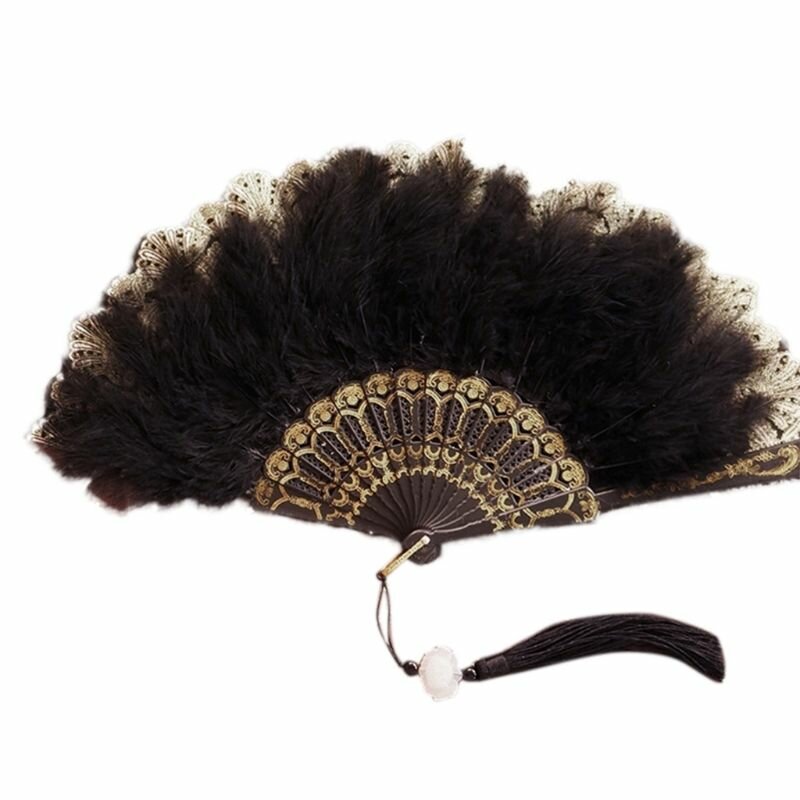 Новый классический складной веер из перьев Lolita-Черный