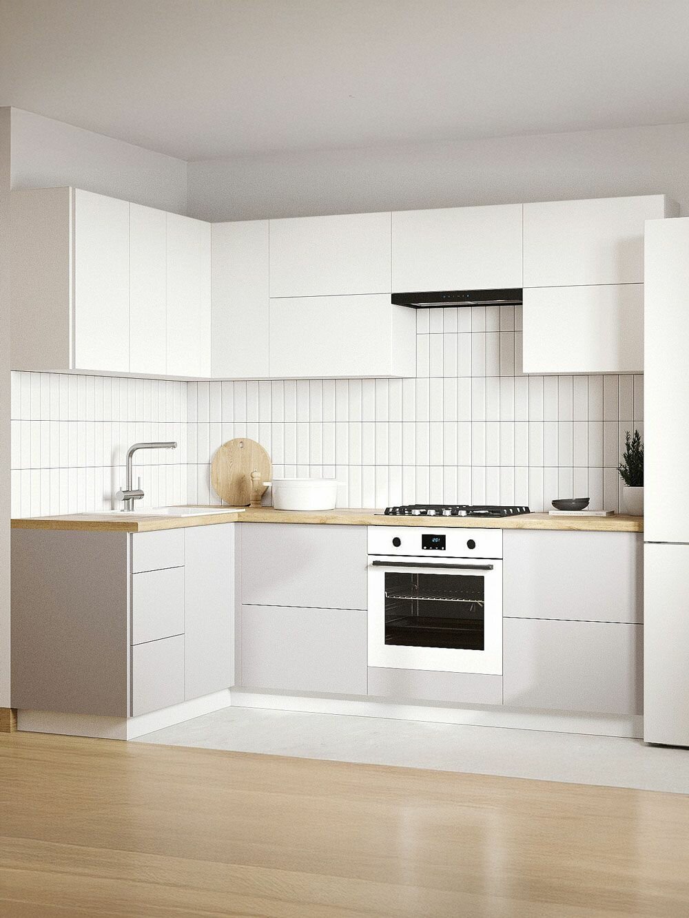 Кухонный гарнитур угловой Тандем 2.4х1.4 м, мебель для дома и кухни, Белый / Бланж / Нео