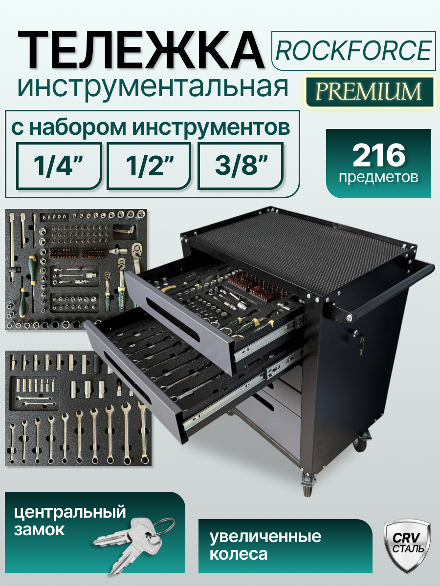 Тележка инструментальная с замком и набором инструментов Rock Force Premium 216 предметов в мягких ложементах