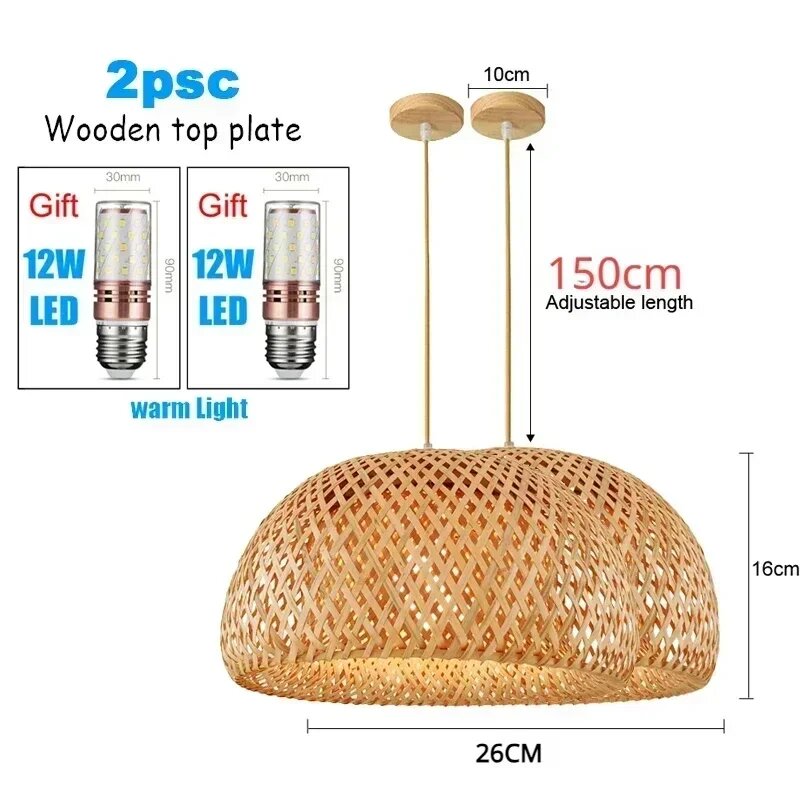 Бамбуковый абажур, светодиодный подвесной светильник, плетеные потолочные люстры из натурального ротанга, ручная работа, светильники E27, подвесной светильник, B-2PCS