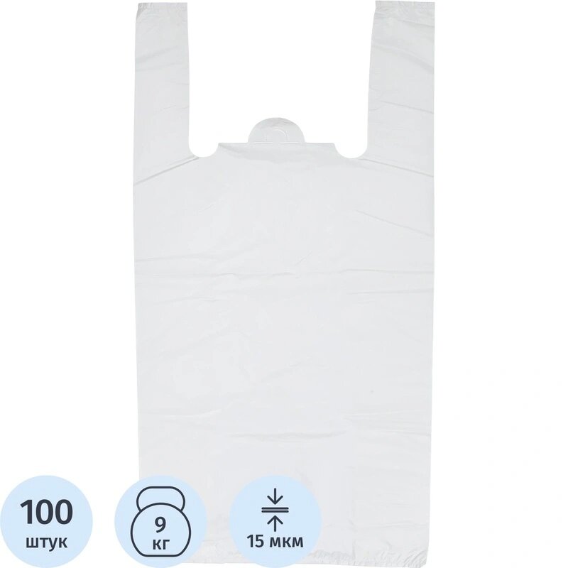 Пакет-майка ПНД 38+20х68 см, 15 мкм, 100 шт/уп, белый S