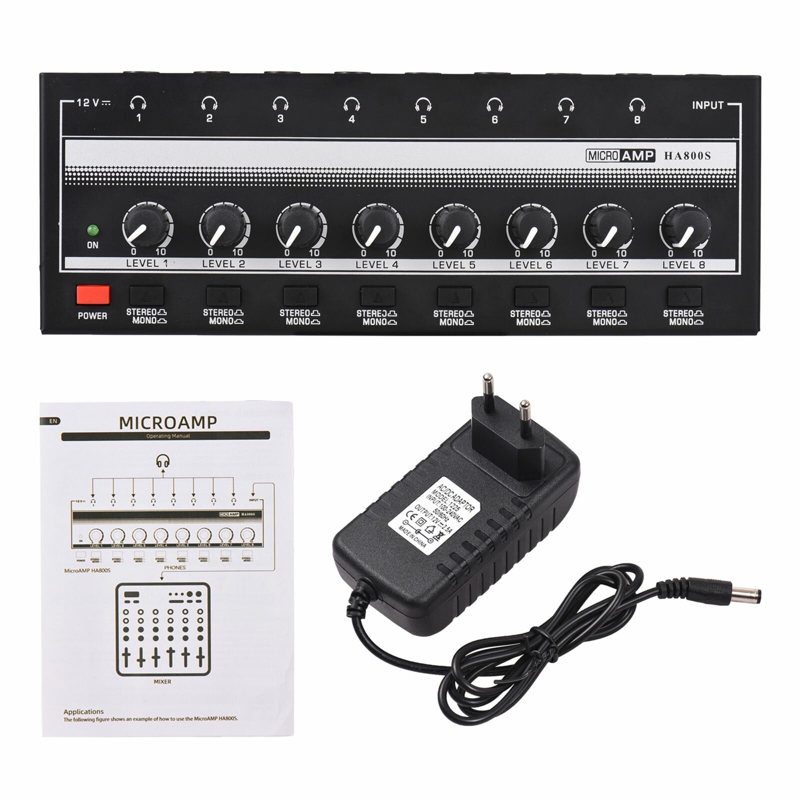 HA800S 8-канальный усилитель для наушников, металлический стереоусилитель, сверхкомпактный 8-канальный мини-стереомикрофонный усилитель с адаптером питания