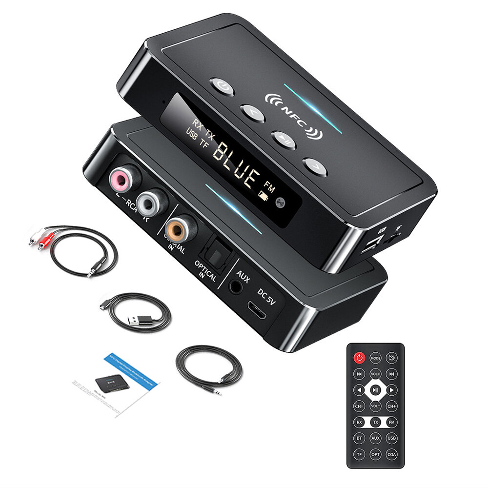 3 в 1 BT-адаптер NFC BT5.0 передатчик приемник -адаптер с низкой задержкой поддержка USB-флешки/TF-карты/AUX/RCA/оптическое/коаксиальное с LED-цифровым дисплеем пультом дистанционного управления для автомобильной стереосистемы/телевизора/ПК/аудио/дома,