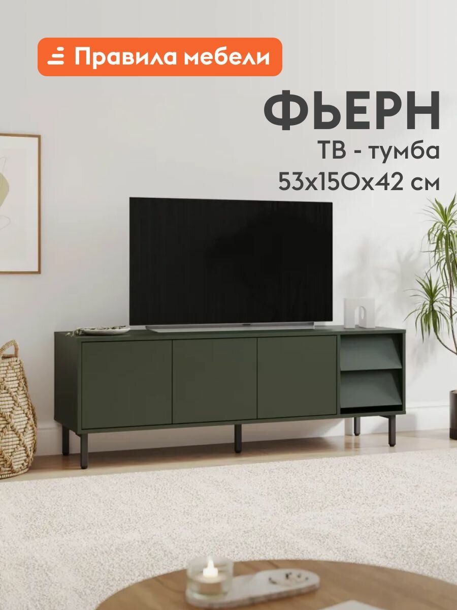 Тумба под телевизор напольная Фьерн ТВ с ящиком, с полками, на ножках, 150х42х53 см, Оливковый базальт / Черный, металл
