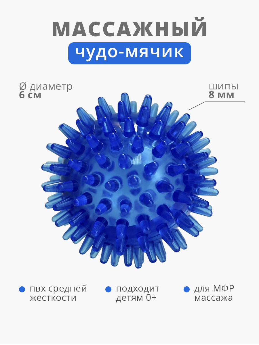 Массажер Торг Лайнс "Чудо-мячик", для тела, акупунктурный массаж, детский массажный мячик с шипами, 6 см, синий
