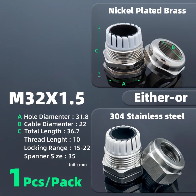 Водонепроницаемый кабельный ввод CDDQLJ M6-M36 PG7-29 304 Stainless Steel, M32-22 Fit 15-22mm