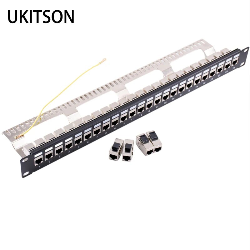 24-портовая экранированная патч-панель CAT6 RJ45, сквозное соединительное гнездо LAN Keystone Jack, сетевой 19-дюймовый кронштейн для шкафа, рамка
