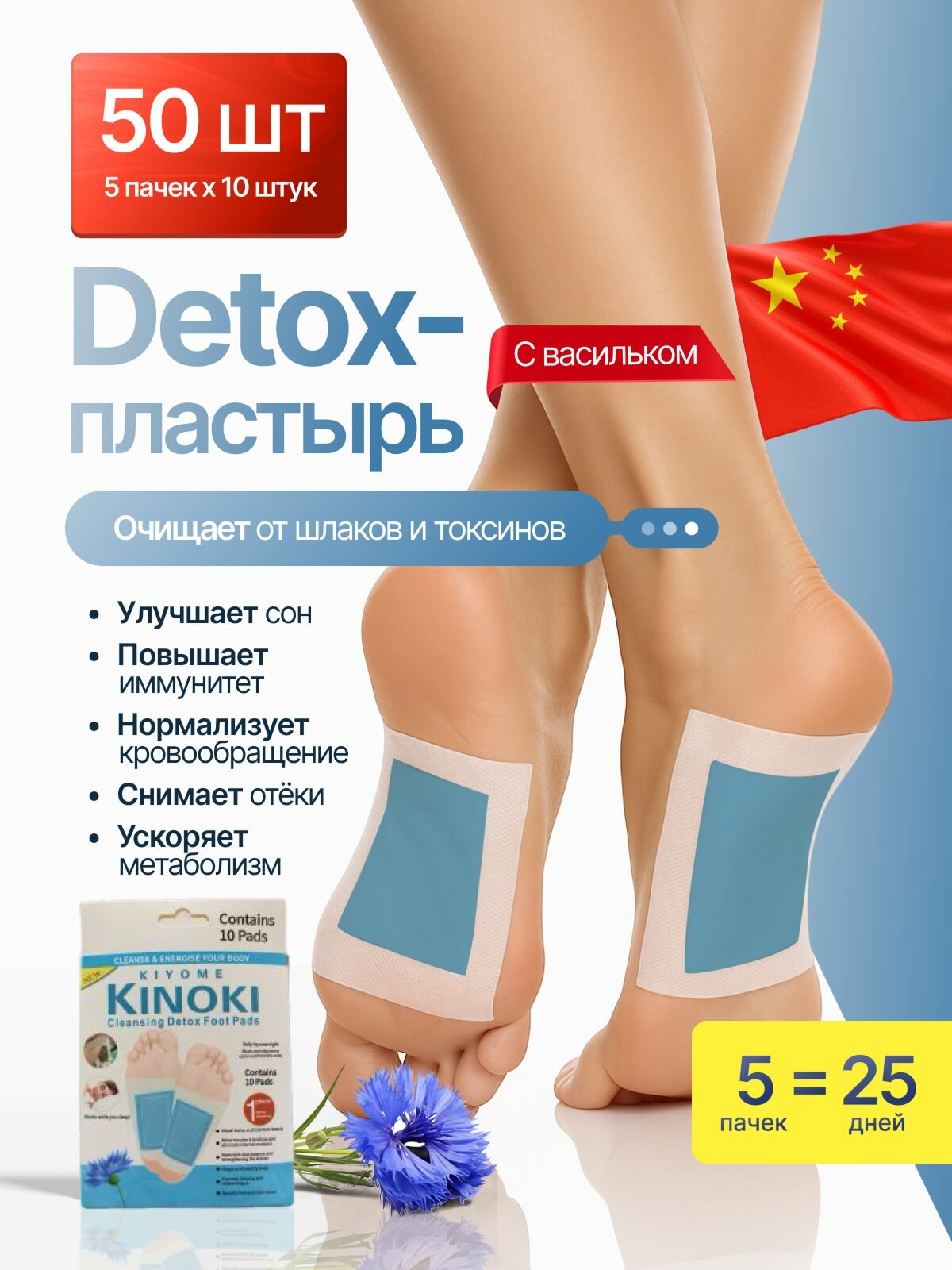 Пластырь Детокс Для стоп Для похудения Очищающий с васильком KINOKI, 5 пачек 50 шт