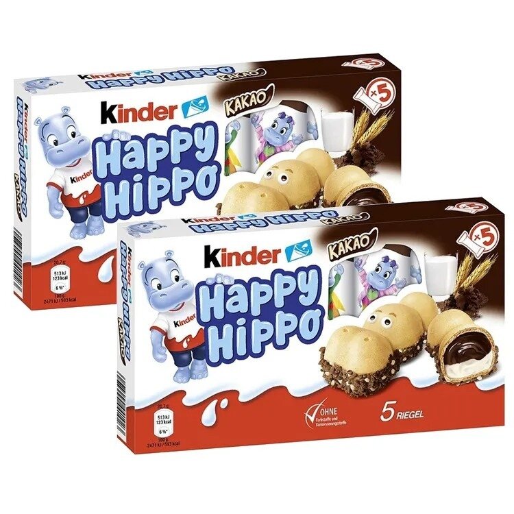 Шоколадно-молочное печенье Киндер Хеппи Хиппо со вкусом какао, 104г х 2шт. Kinder Happy Hippo Cacao