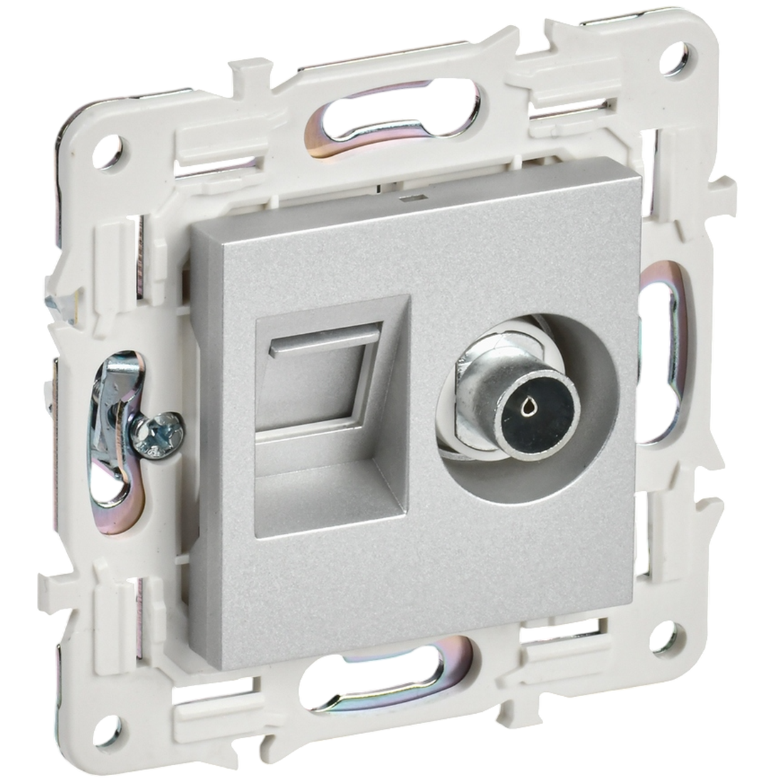 Розетка двойная TV + RJ45 IEK SKANDY кат.5E серебряный SK-A14S SK-AK20-1-K23