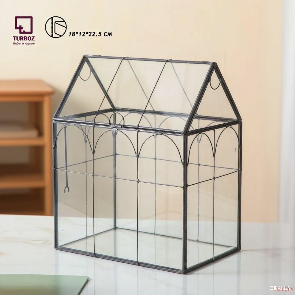 Ваза для флорариума, Флорариум Домик черный, геометрический, Turboz, высота 22.5 см, медный и стекло