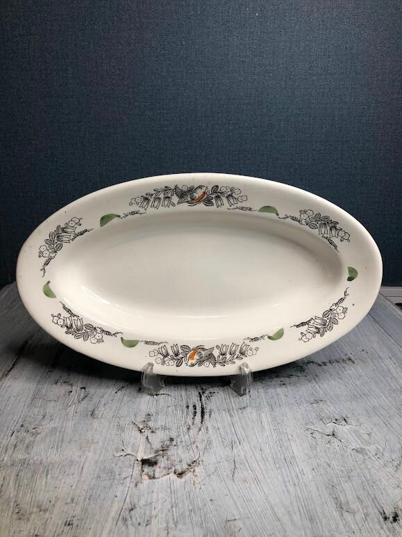 Блюдо/селедочница винтажное ЗиК Конаково "птица счастья" 29*17см, фаянс, ручная роспись