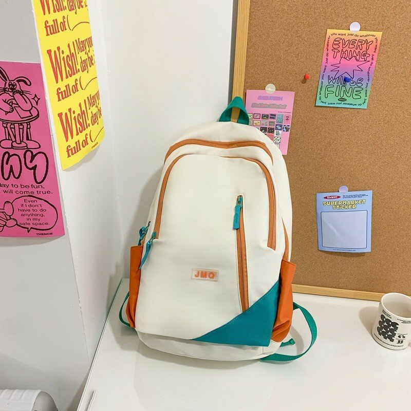 Backpack simple color blocked letter decor student casual for school or weekend trips white