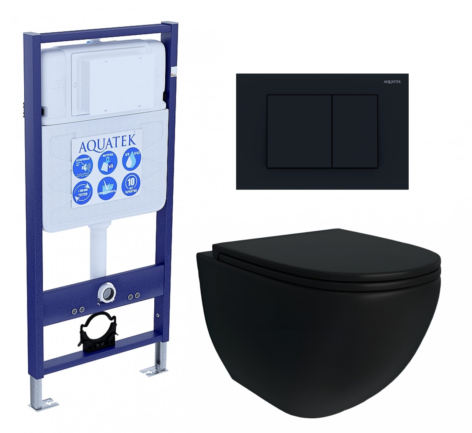 Комплект 3 в 1 инсталляция Акватек Standart 50 + Унитаз подвесной Enio Unico BL Tornado EN4105057 + кнопка черная матовая