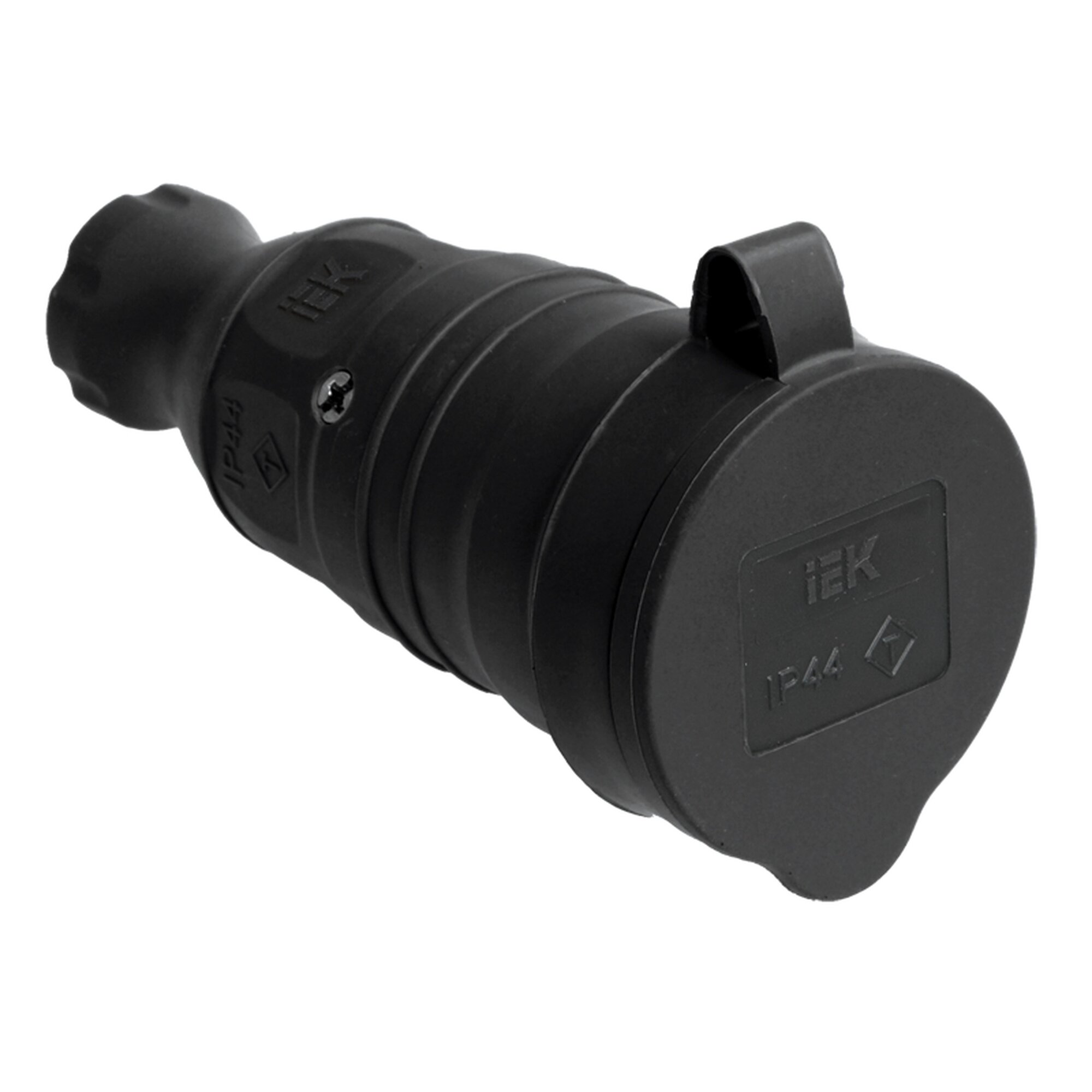 Розетка переносная IEK омега РБп13-1-0м, с защитной крышкой, IP44, 2 полюса, 250В, черная, наружное крепление