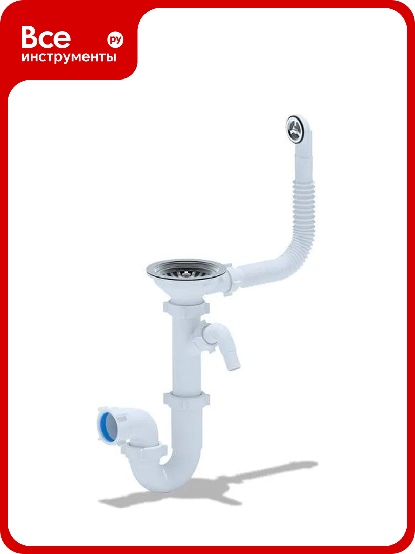 Сифон АНИ Пласт прямоточный, 3 1/2, 40, с переливом и отверстием для стиральной машины D1042SP, из пластика, гофры