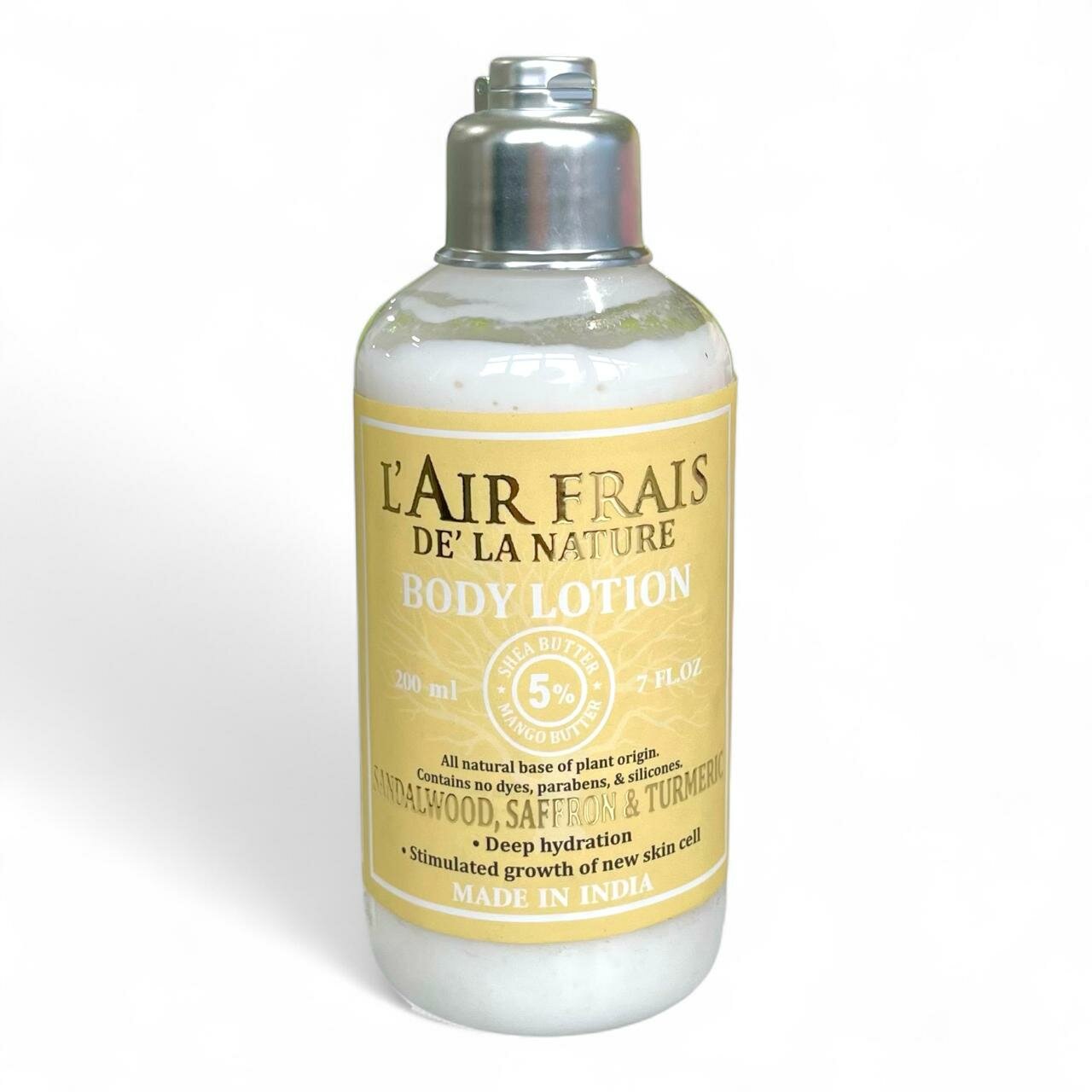 Body Lotion SANDALWOOD SAFFRON & HALDI, L'air Frais De'la Nature (Лосьон для тела сандаловое дерево, шафран И куркума, Питание и защита кожи), 200 мл.