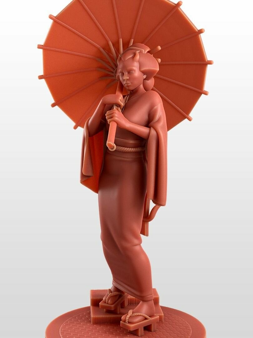 Фэнтези миниатюра гейша тифлинг с зонтиком, игровая фигурка для раскрашивания (высота 57мм до конца зонтика) база 26мм