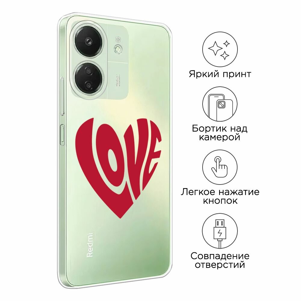 Чехол на Xiaomi Redmi 13C/Poco C65 / Сяоми Редми 13C/Поко С65 с принтом "Love heart 2 - 14 февраля", прозрачный — фото 1