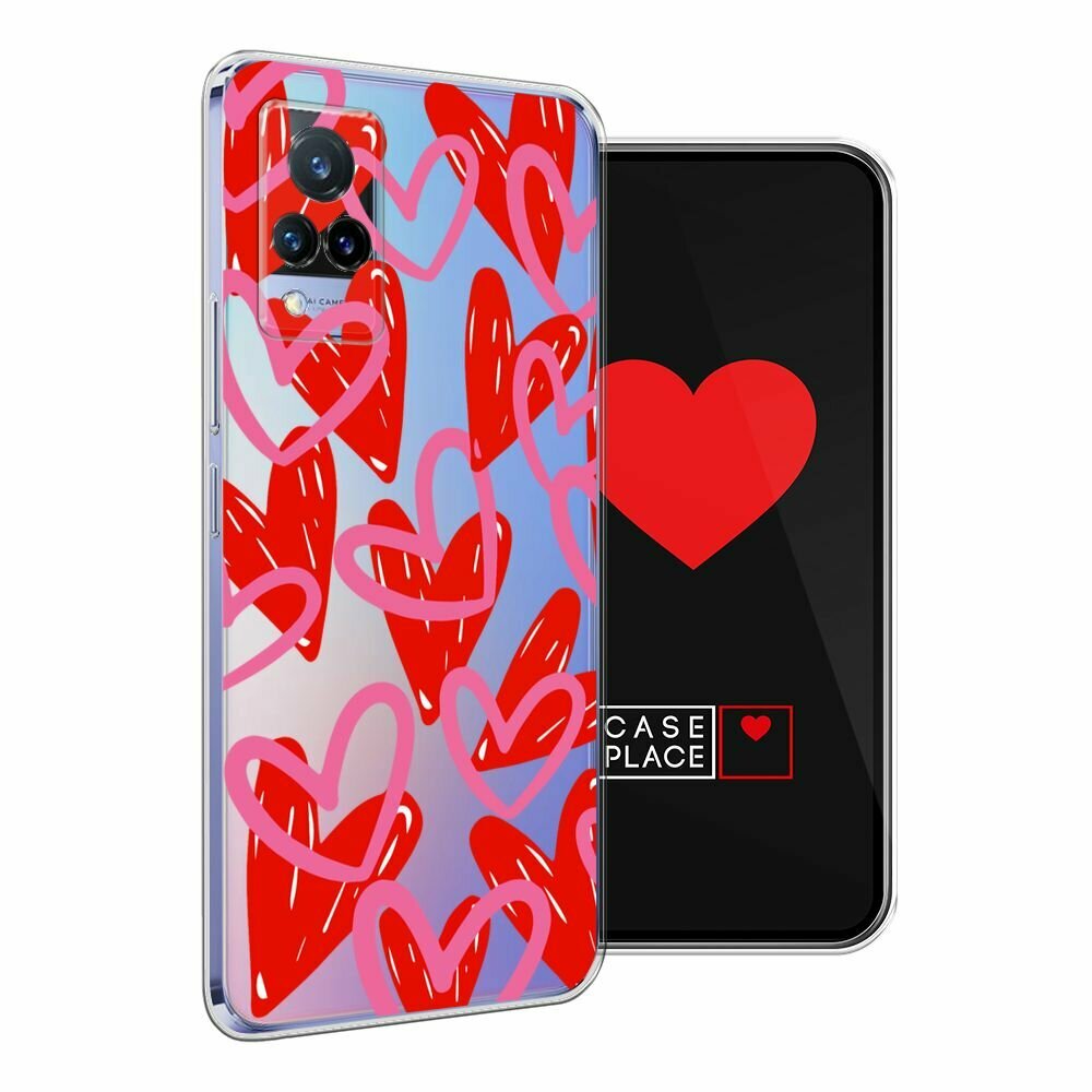 Чехол на Vivo V21 / Виво V21 с принтом "Hearts doodles - 14 февраля", прозрачный — фото 1