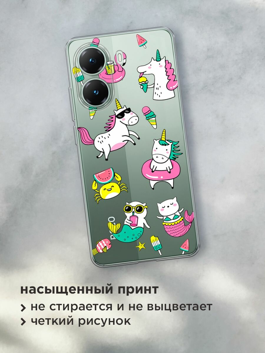 Чехол на Poco X7 Pro / Поко X7 Про с принтом "Единороги в отпуске", прозрачный — фото 1