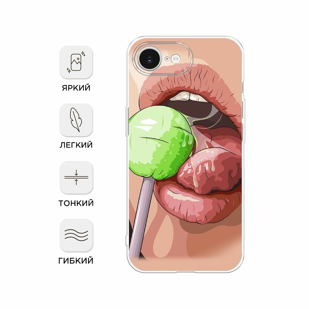 Чехол на Apple iPhone 16e/17e / Айфон 16е/17e с принтом губы и чупа-чупс — фото 1