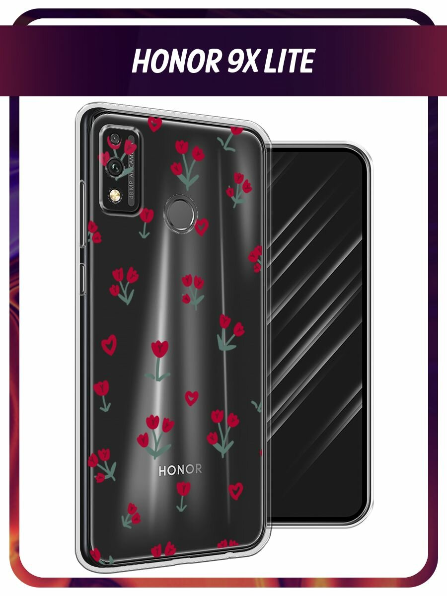 Чехол на Honor 9X Lite / Хонор 9X Лайт с принтом Красные тюльпанчики, прозрачный