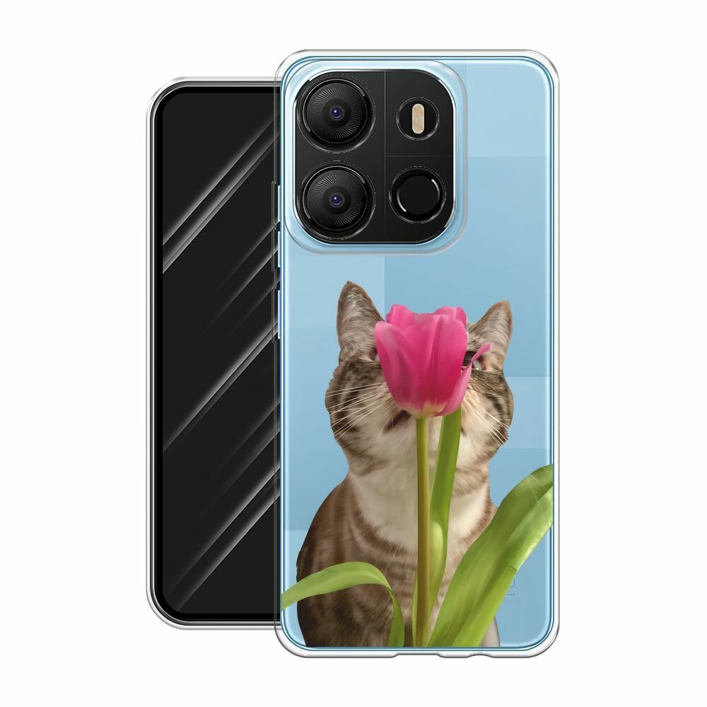 Чехол на Tecno Pop 7 / Текно Поп 7 с принтом "Кот с тюльпаном - 8 марта", прозрачный — фото 1