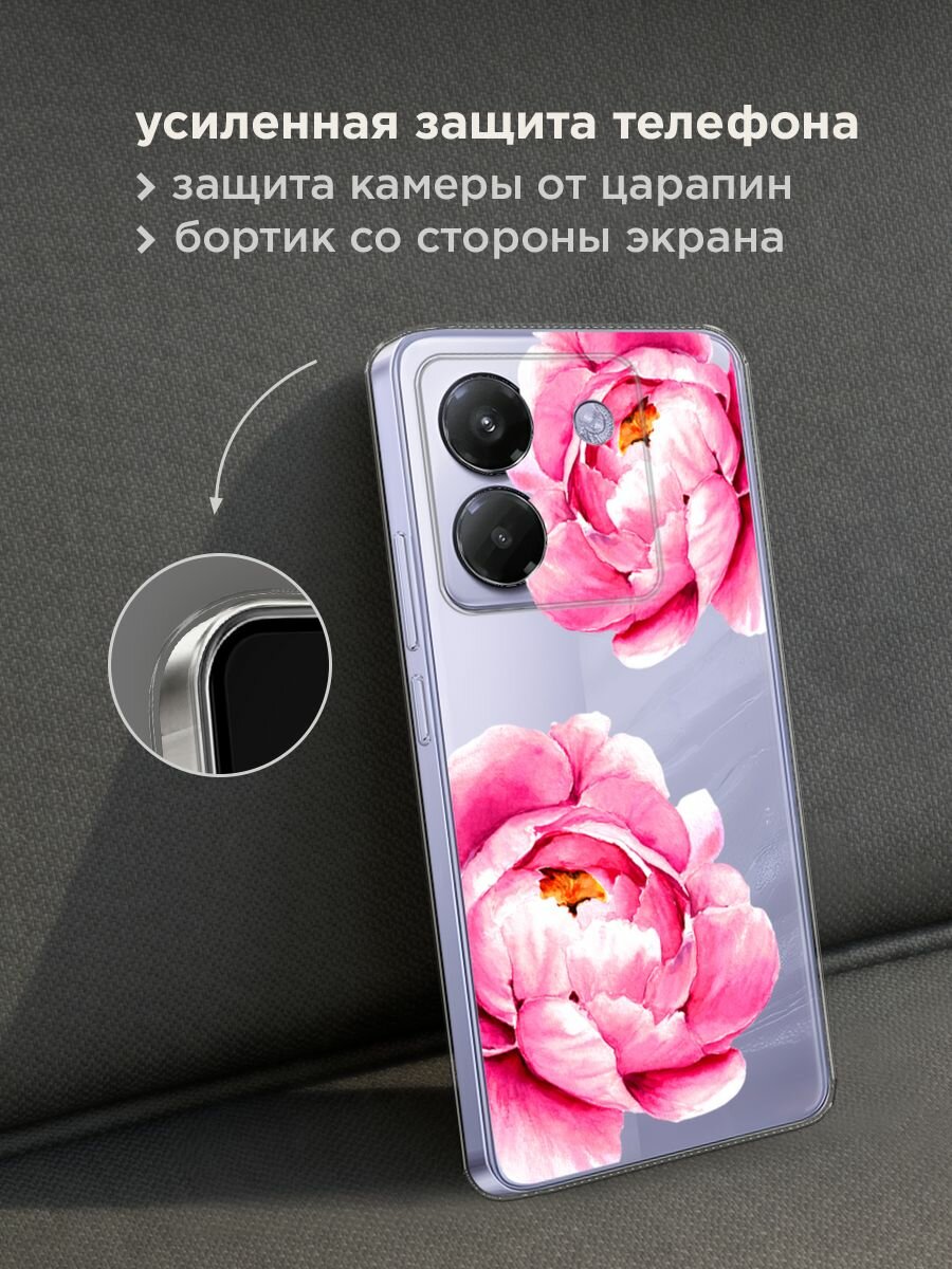 Чехол на Poco M7 Pro / Поко М7 Про с принтом "Open peonies", прозрачный — фото 1
