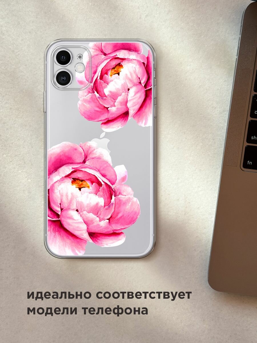 Чехол на Apple iPhone 11 / Айфон 11 с принтом "Open peonies", прозрачный — фото 1