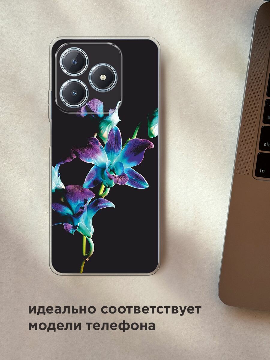 Чехол на Realme C63 / Реалми С63 с принтом "Синий цветок на черном" — фото 1