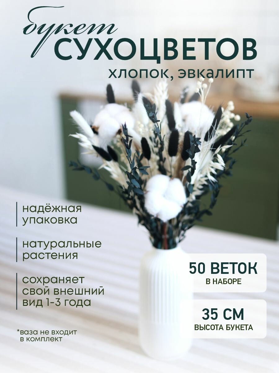 Сухоцветы для декора, хлопок, сухоцветы