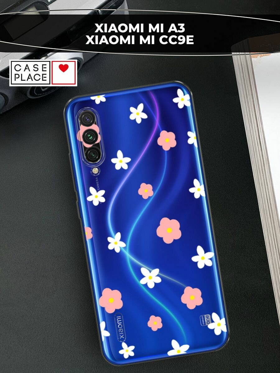 Чехол на Xiaomi Mi CC9E/Mi A3 / Сяоми Mi CC9E/Mi A3 с принтом "Розовые и белые цветы", прозрачный