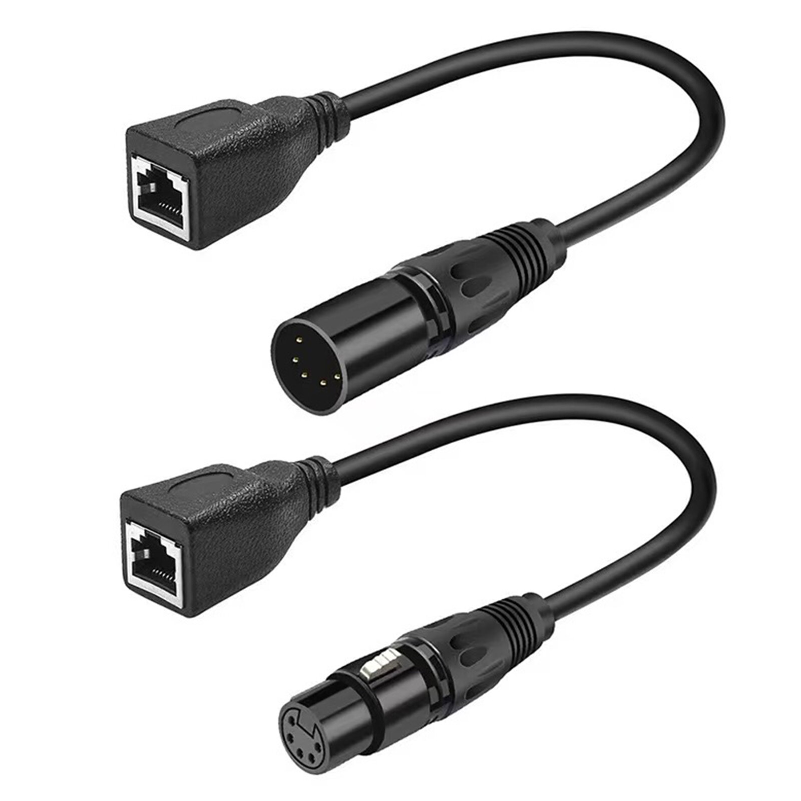 Адаптерный кабель XLR 5-контактный RJ45 - XLR 5-контактный мужской к RJ45 + XLR 5-контактный женский к RJ45 женский адаптер-конвертер DMX Ethernet, черный, длина 30см, 50см (дополнительно), пакет 18*4*2.5см, вес 100г, в комплект 2 адаптерных кабеля