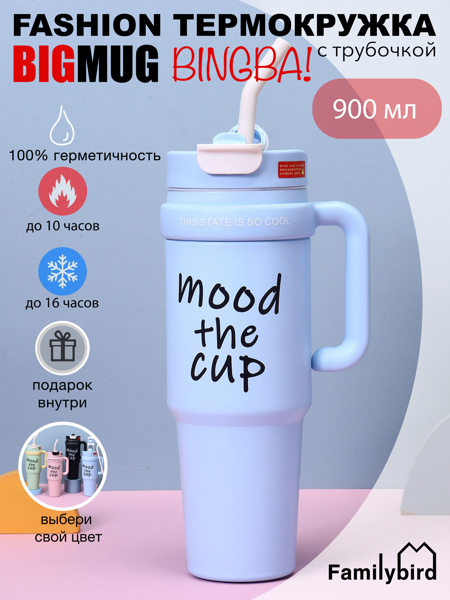 Большая термокружка для кофе/чая, с трубочкой и ручкой, автомобильная, 900 мл, голубая