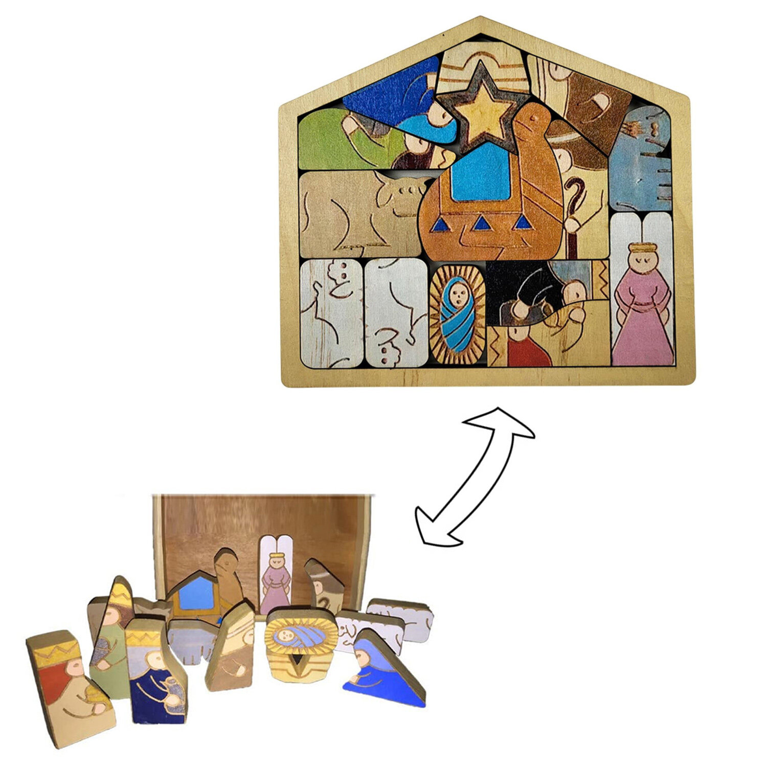 Деревянный пазл Рождение Иисуса Декор для интерьера дома Пасха, Деревянный пазл Иисуса Декор для интерьера Деревянный настольный декор и Декор для дома, Материал Дерево, Цвет Как показано, Размер 20x18x1.5cm, Количество 1 шт.