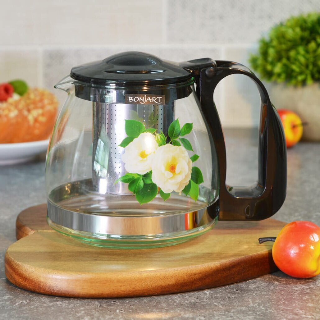 Чайник заварочный, 0,7 л, стекло с рисунком белых цветов, черная крышка, металлический фильтр, подарочная упаковка