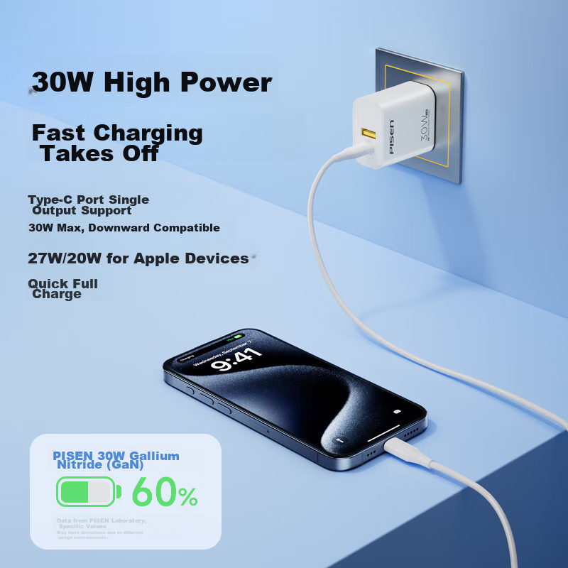 Pisen Gallium Nitride Apple 16 Pro Max Charger Head, PD30W Dual-Port Fast Charging Adapter, USB+Type-C Universal, for IPhone 15/14, Huawei P70, Xiaomi Phones, IPad, Правила США