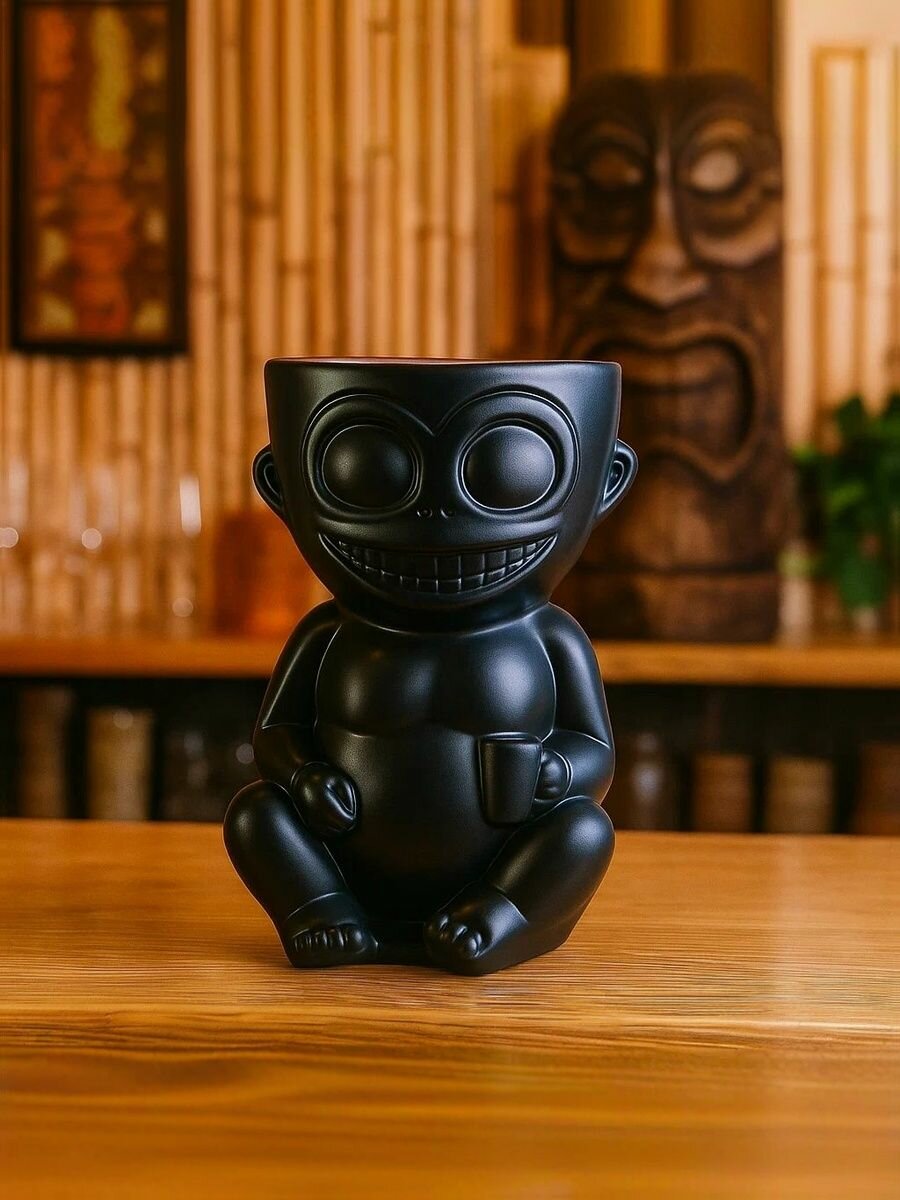 Коктейльный бокал, стакан барный черный "Тики" с рисунком, 500 мл. Керамика, для коктейлей, сока, лимонада