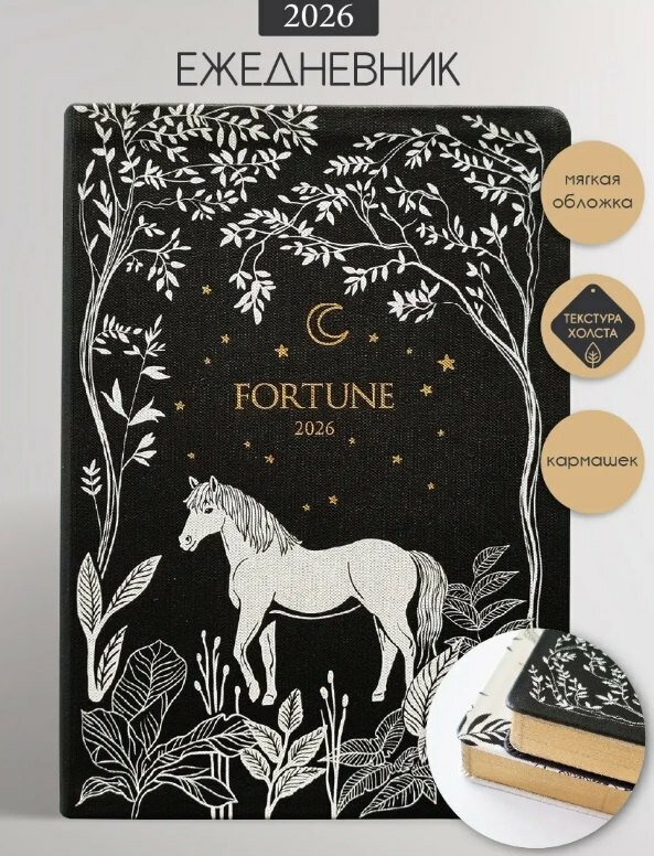 Ежедневник дат. 2026г. А5 176л 140x200 мм "Fortune" черный, иск. кожа, интегр. переплет, тисн. фольгой, зол. обрез, тонир. блок, карман, скругл. углы, 2 ляссе