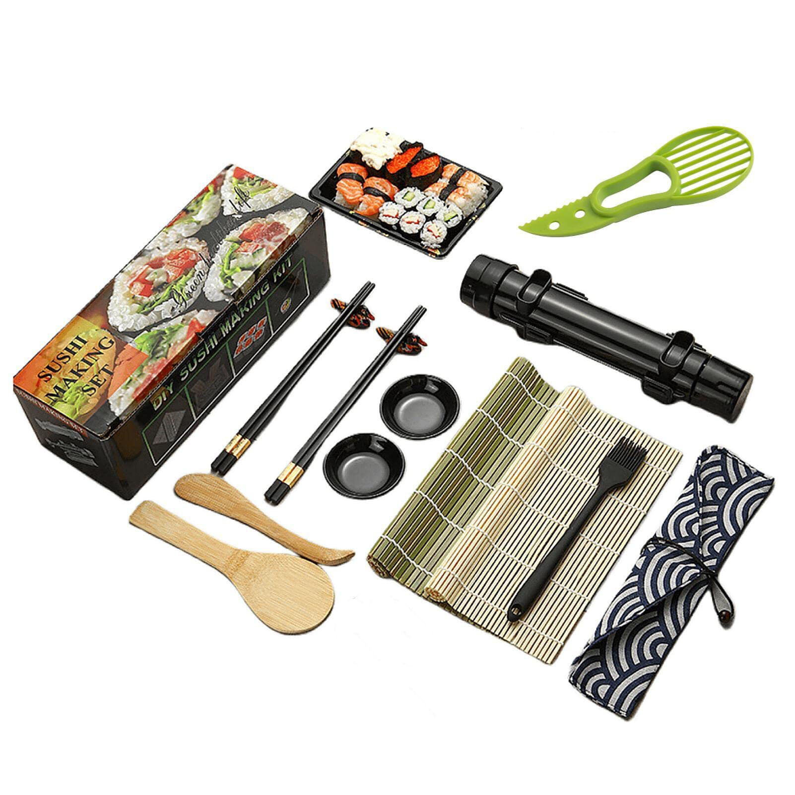 Набор для приготовления суши (черный) Бамбуковый коврик, роллер ракета , палочки и соусница, идеально для начинающих