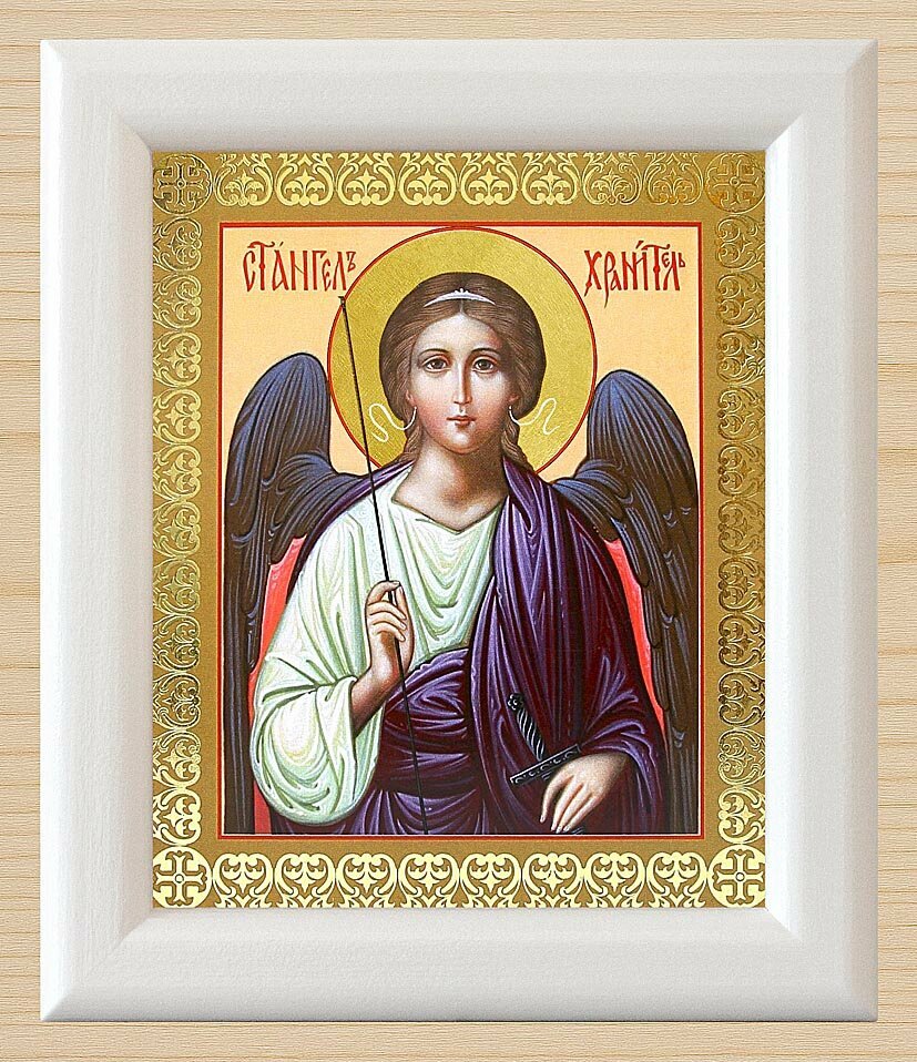 Ангел Хранитель (лик № 005), икона в белой деревянной рамке 12,5*14,5 см