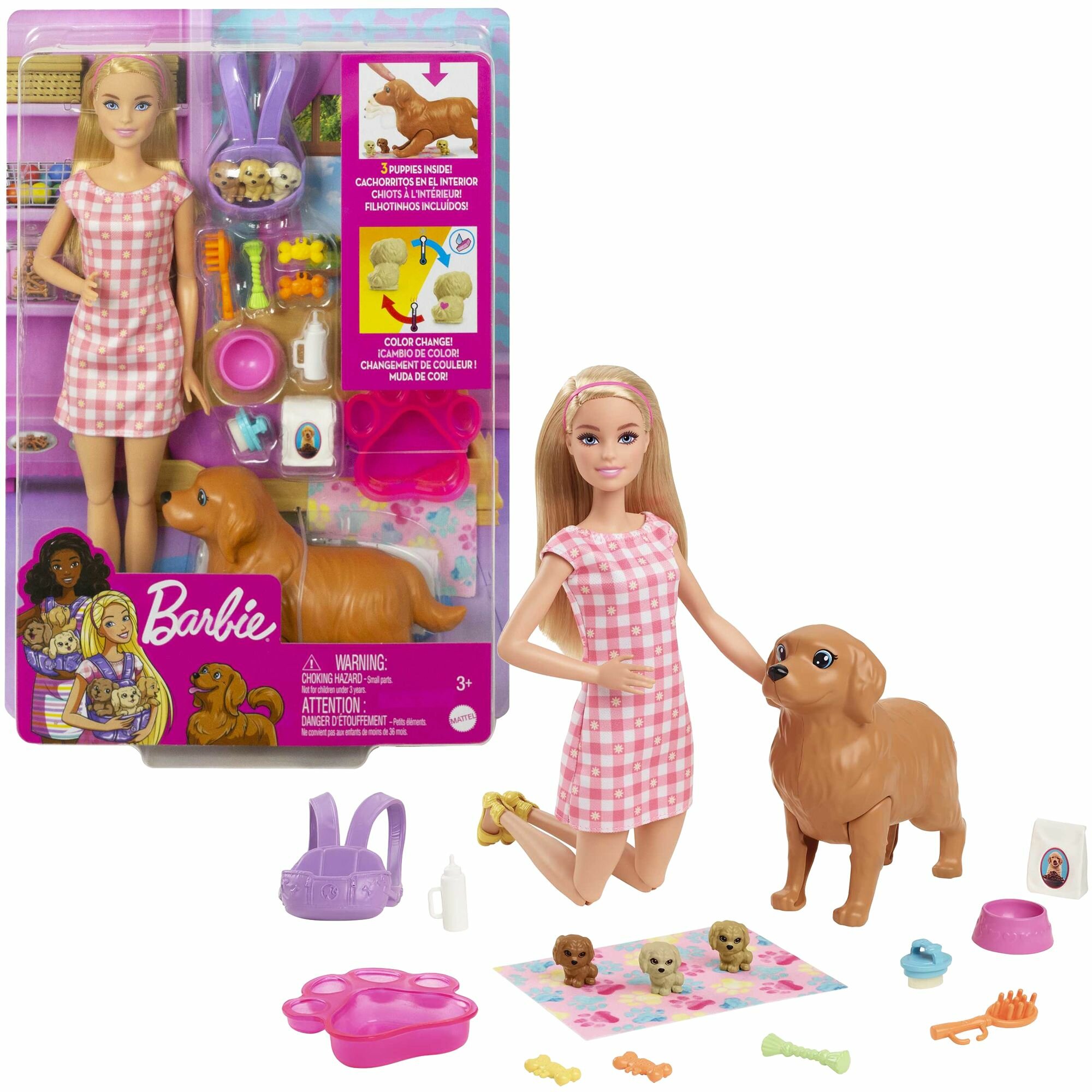 Игровой набор для новорожденных щенков куклы Барби с куклой блондинкой, мамой-собакой и тремя щенками, детскими игрушками