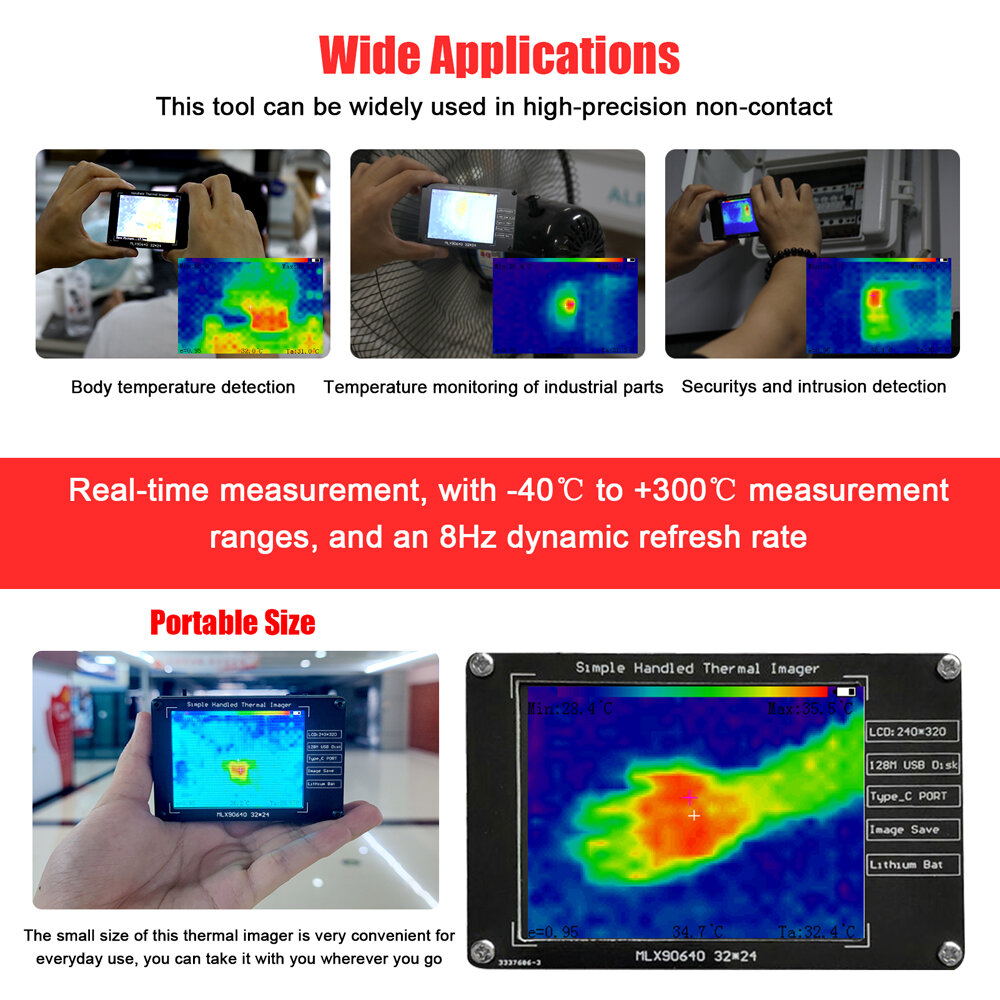 Портативный тепловизор 32*24 пикселя (-40 300 ) с 2,8" ЖК-экраном