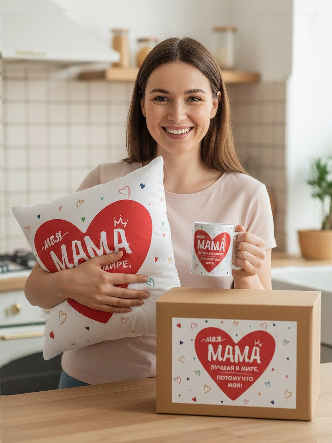 Подарочный бокс набор кружка + подушка для мамы "Моя мама лучшая, потому что моя"